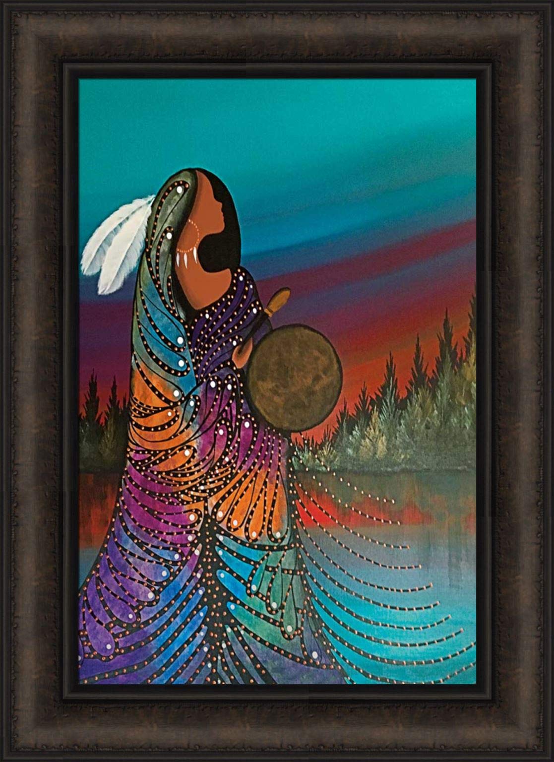 Home Cabin Décor Aurora Drummer by Betty Albert 16x22 Native American Indian Woman Drum Lake Northern Lights Sky Framed Art Print Picture