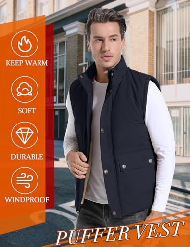 Flygo Men's Winter Warm Outdoor Padded Puffer Vest Thick Fleece Lined Sleeveless Jacket (Blue 2XL)