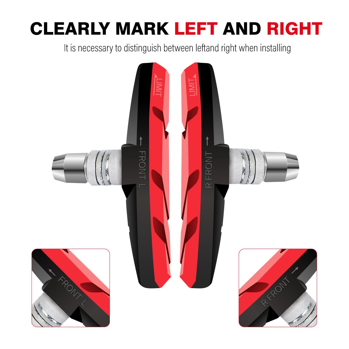 2 Pairs Bicycle V-Brake Pads, Bike 70mm V Brake Blocks Set, Cantilever Brake Pads, Red Black