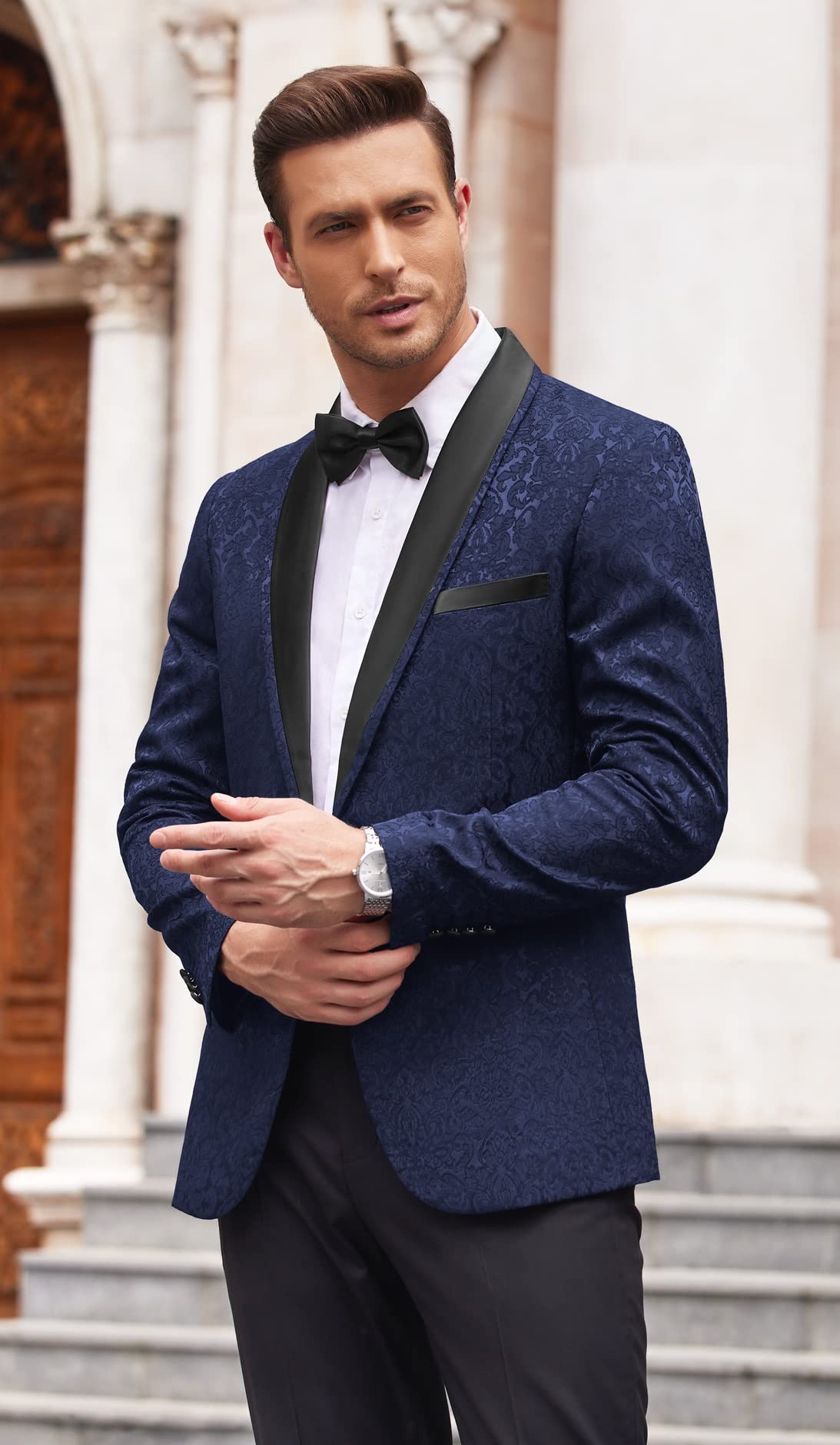 COOFANDY Men's Floral Tuxedo Suit Jacket Dinner Jacket Party Prom Wedding Blazer Jackets Navy Blue