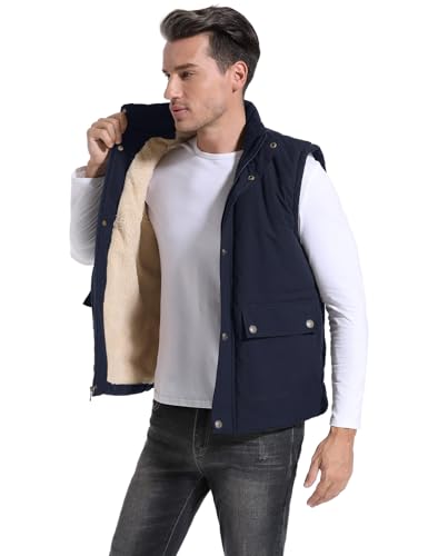 Flygo Men's Winter Warm Outdoor Padded Puffer Vest Thick Fleece Lined Sleeveless Jacket (Blue 2XL)