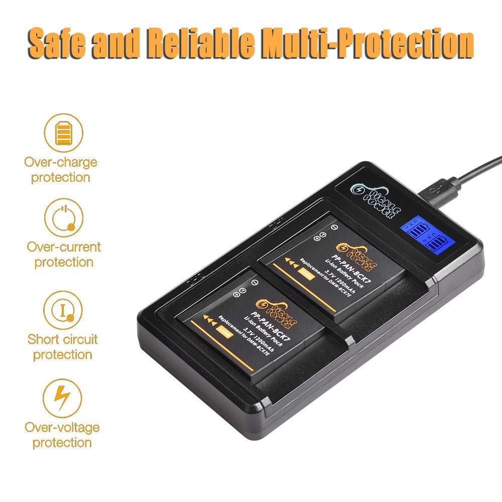 Pickle Power DMW-BCK7 Battery, 2 Pack 1200mAh DMW-BCK7E DMW-BCK7PP Battery and LCD Dual USB Charger Replacement for Panasonic Lumix DMC-S5 DMC-FP5 DMC-FP7 DMC-FH2 DMC-FH5 FH24 FH25 FH27 FS16 FS18