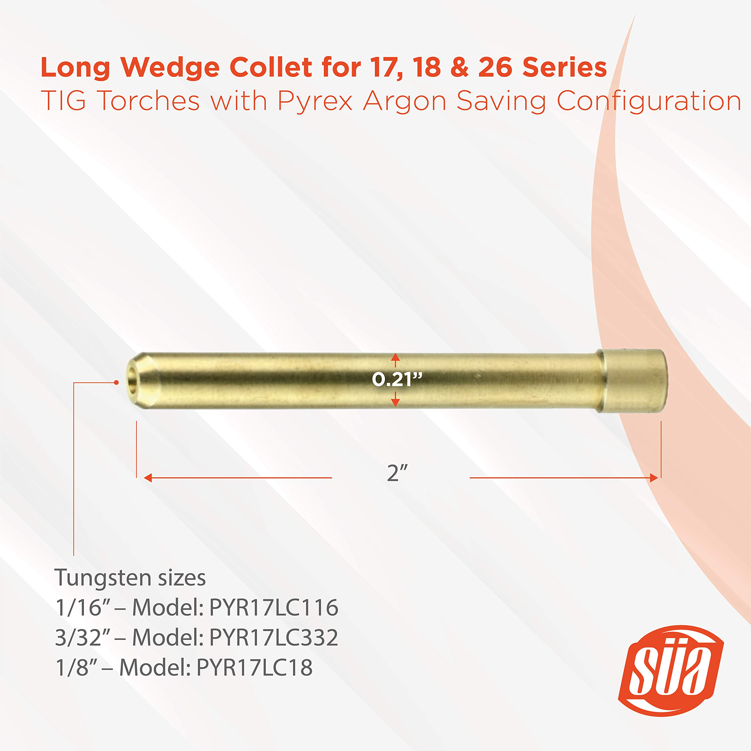 SÜA® - Long Wedge Collet for 17, 18 & 26 Series TIG Torches with Fused Quartz Argon-Saving Configuration - Size: 1/8'' - (10-PACK)