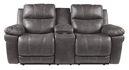 Signature Design by Ashley Erlangen Faux Leather Power Reclining Loveseat with Console, Gray