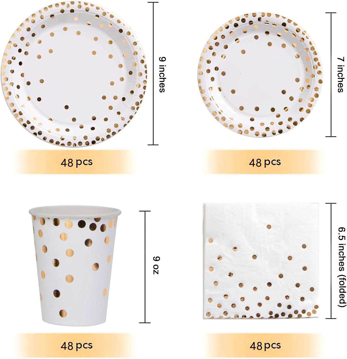 hapray 193 PCS Disposable Paper Plates Gold Party Supplies, Golden Polka Dots Birthday and Baptism Decorations, include Plates and Cups, Napkins, Plastic Tablecloth for Baby Shower Wedding Christmas