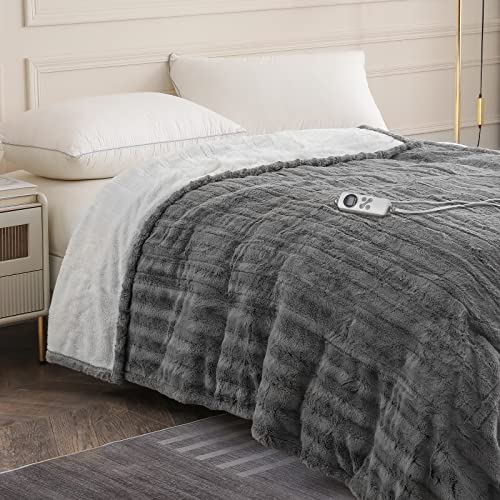 HOMLYNS Electric Heated Blanket Twin Size with 1-12hrs Timer Auto-Off &10 Heating Levels,Faux Fur & Sherpa Heating Blanket ETL Certified Machine Washable (62βx84β,Grey)