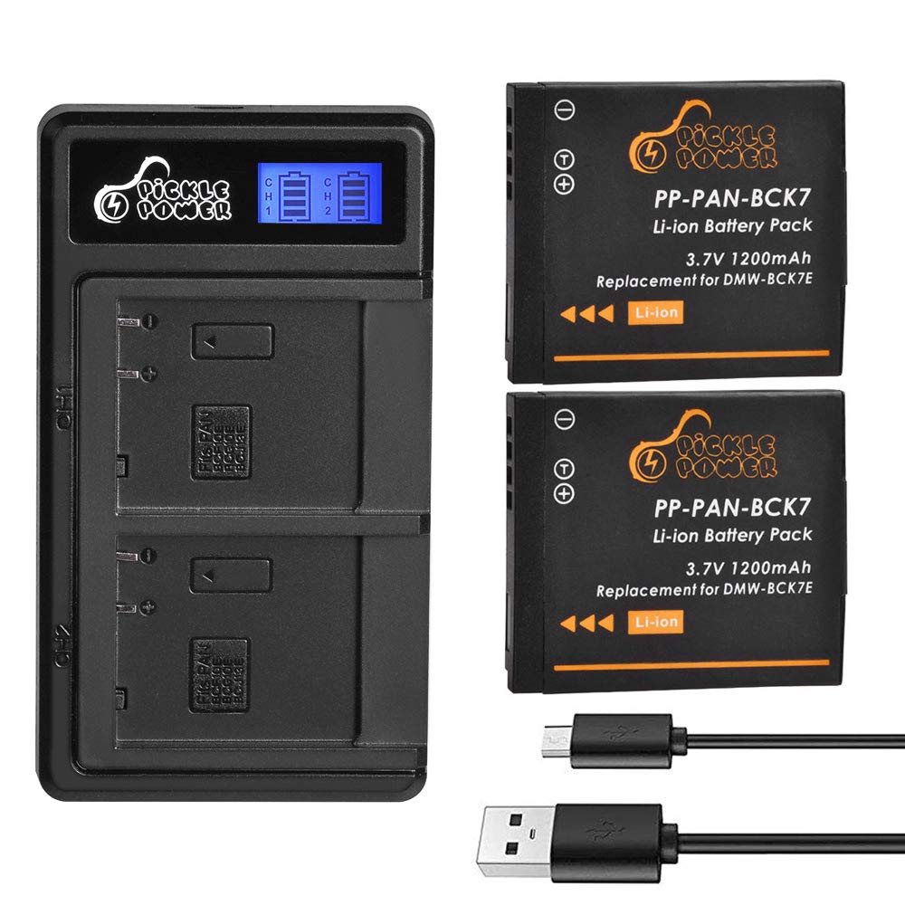 Pickle Power DMW-BCK7 Battery, 2 Pack 1200mAh DMW-BCK7E DMW-BCK7PP Battery and LCD Dual USB Charger Replacement for Panasonic Lumix DMC-S5 DMC-FP5 DMC-FP7 DMC-FH2 DMC-FH5 FH24 FH25 FH27 FS16 FS18
