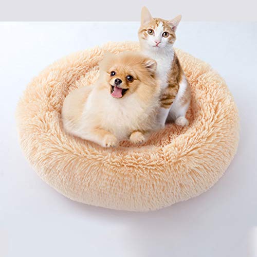 balacoo Luxury Fur Donut Cuddler Round Cat and Dog Cushion Bed Self-Warming and Cozy for Improved Sleep (Small Size, Beige)