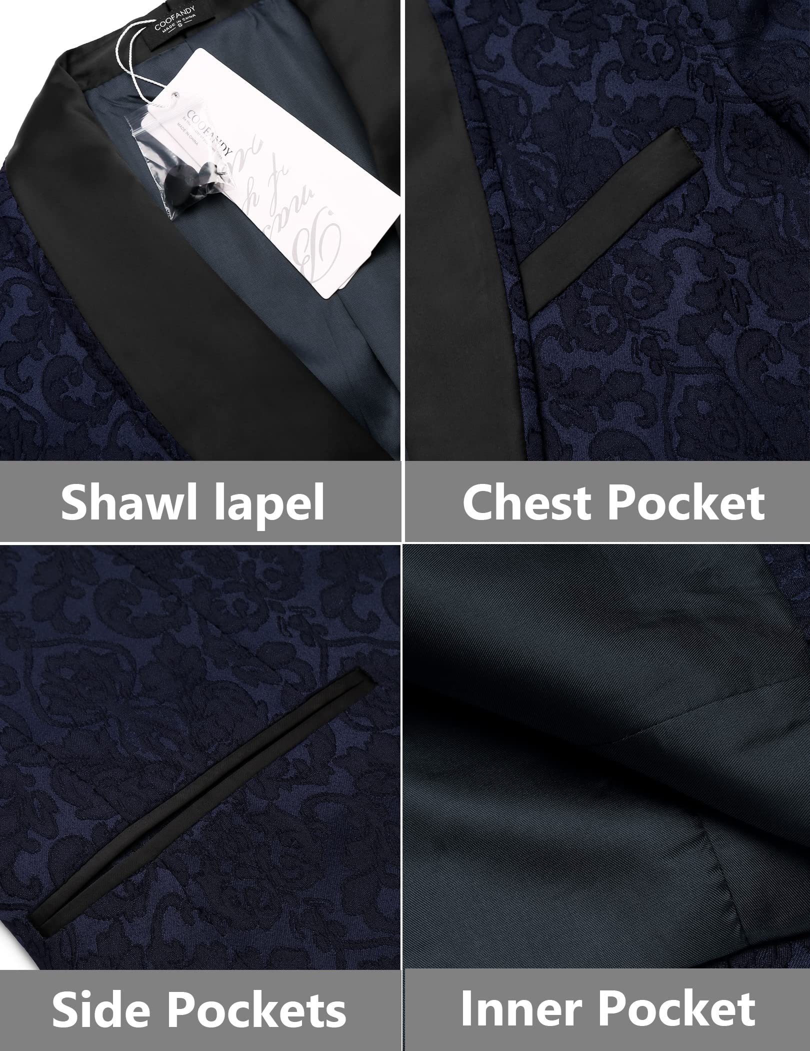 COOFANDY Men's Floral Tuxedo Suit Jacket Dinner Jacket Party Prom Wedding Blazer Jackets Navy Blue