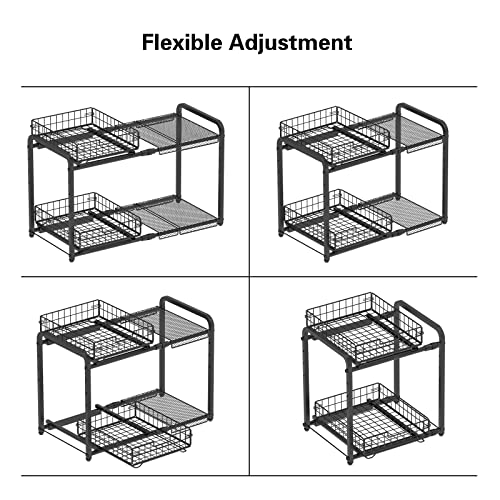 Expandable Under Sink Organizers and Storage, 2-Tier Cabinet Organizer Shelf with 2 Slide-out Baskets, Adjustable Large Under Sink Storage Racks for Bathroom Kitchen,Black