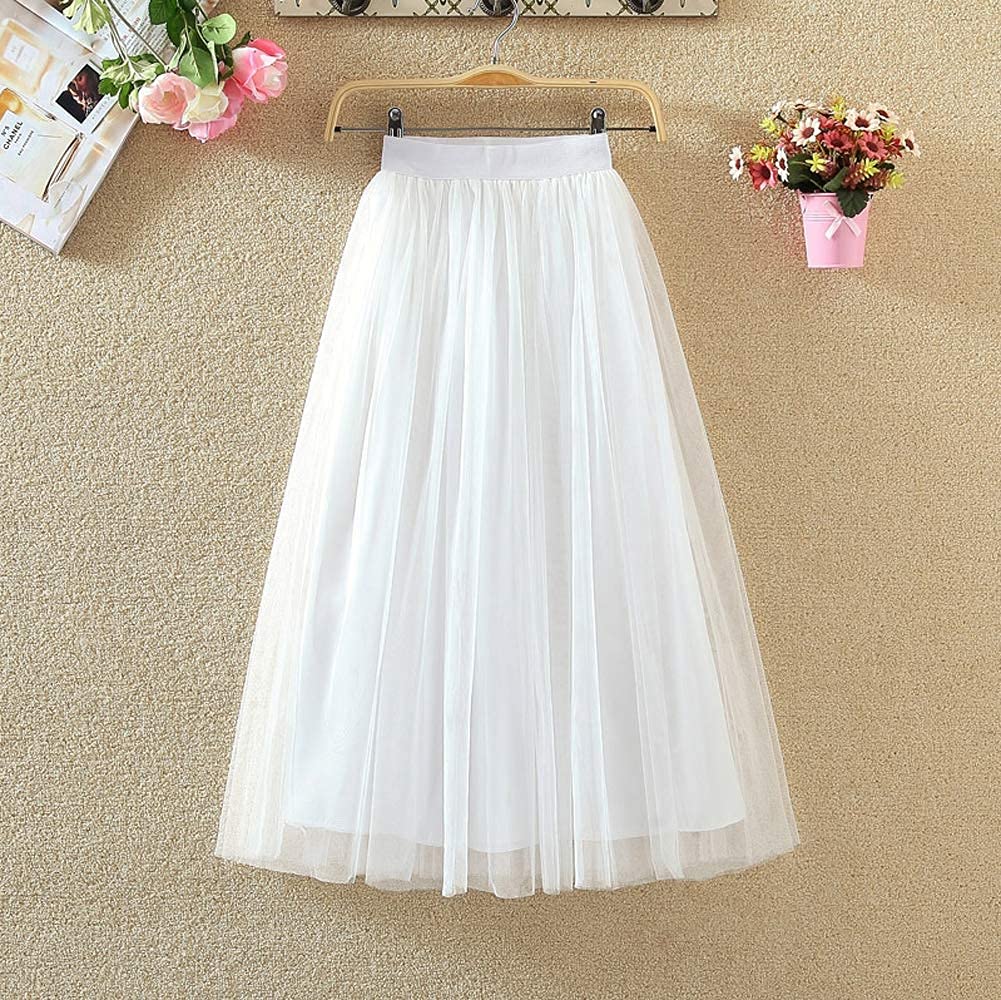 LBKKC Women's Midi Tulle Skirt Elastic Waist 3 Layered Mesh Formal Prom Party Tutu Skirt A Line(L,Off White)