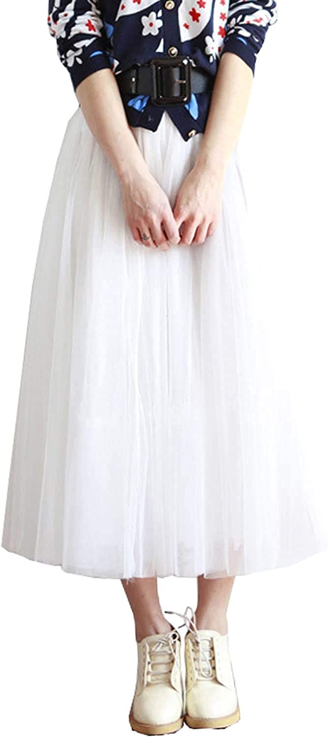 LBKKC Women's Midi Tulle Skirt Elastic Waist 3 Layered Mesh Formal Prom Party Tutu Skirt A Line(L,Off White)