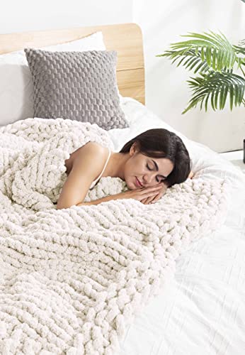 clootess Chunky Knit Blanket Knitted Throw Crochet Chenille Yarn Woven for Bed Sofa Textured Thick Cable Decor (Beige 50x63 in)