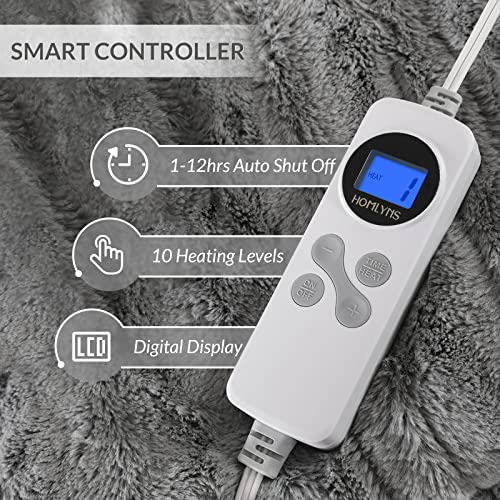 HOMLYNS Electric Heated Blanket Twin Size with 1-12hrs Timer Auto-Off &10 Heating Levels,Faux Fur & Sherpa Heating Blanket ETL Certified Machine Washable (62βx84β,Grey)