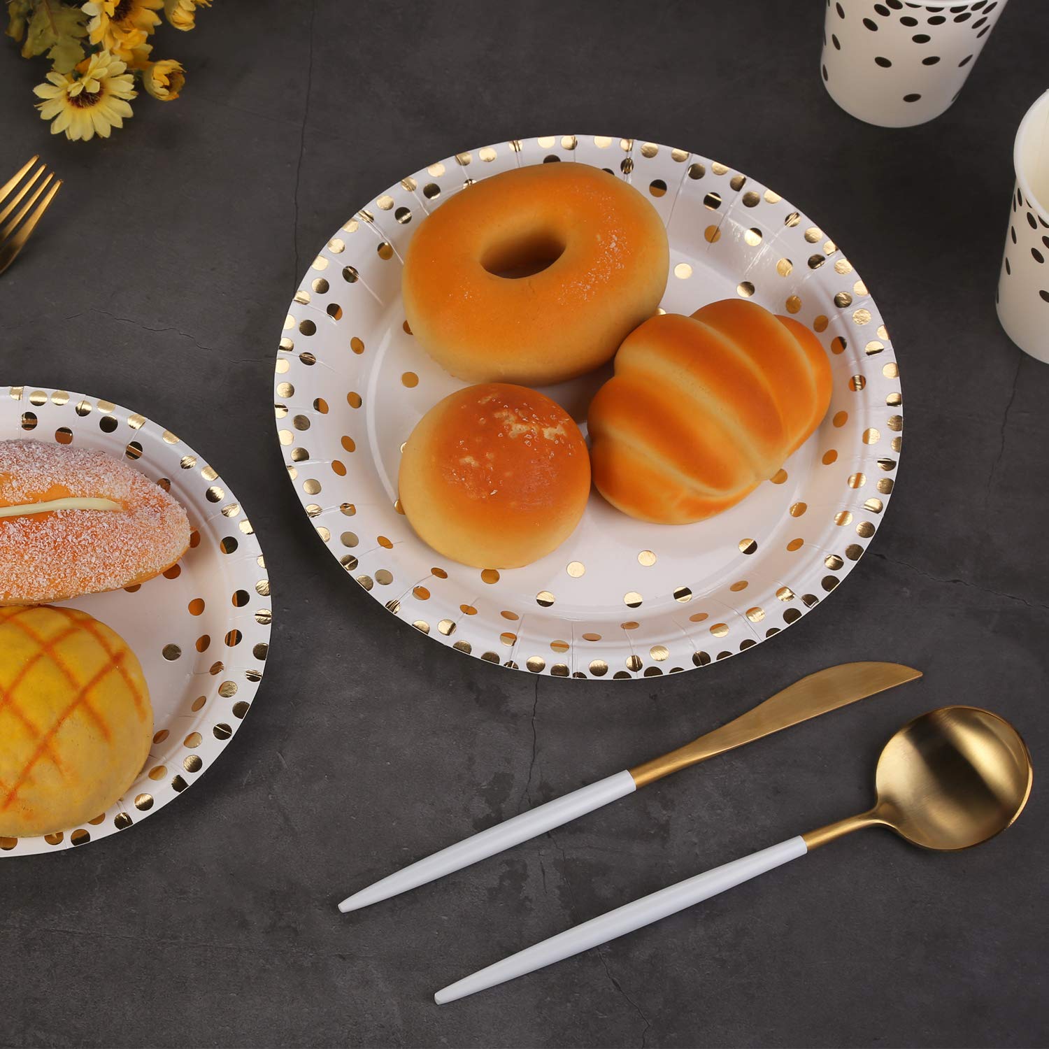 hapray 193 PCS Disposable Paper Plates Gold Party Supplies, Golden Polka Dots Birthday and Baptism Decorations, include Plates and Cups, Napkins, Plastic Tablecloth for Baby Shower Wedding Christmas