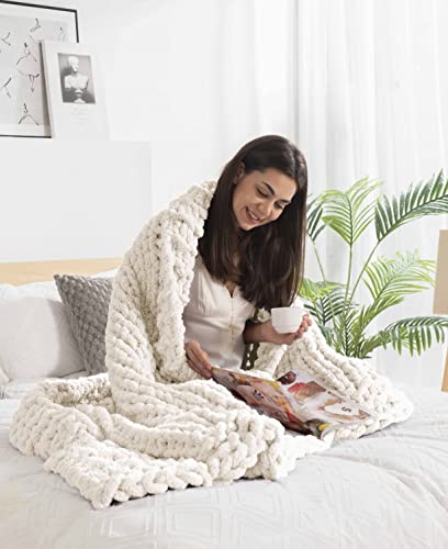 clootess Chunky Knit Blanket Knitted Throw Crochet Chenille Yarn Woven for Bed Sofa Textured Thick Cable Decor (Beige 50x63 in)