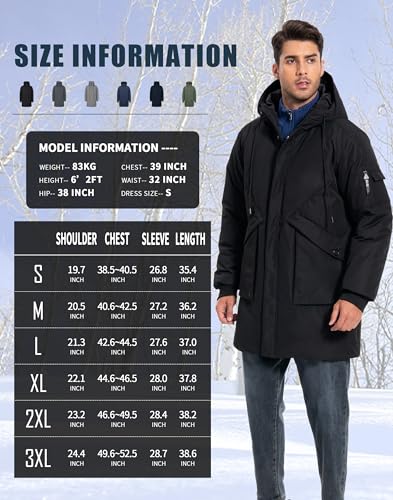 Pioneer Camp Men's Winter Coats Water-Repellent Windproof Thicken Parkas Long Hooded Padded Puffer Jacket (Black, XL)