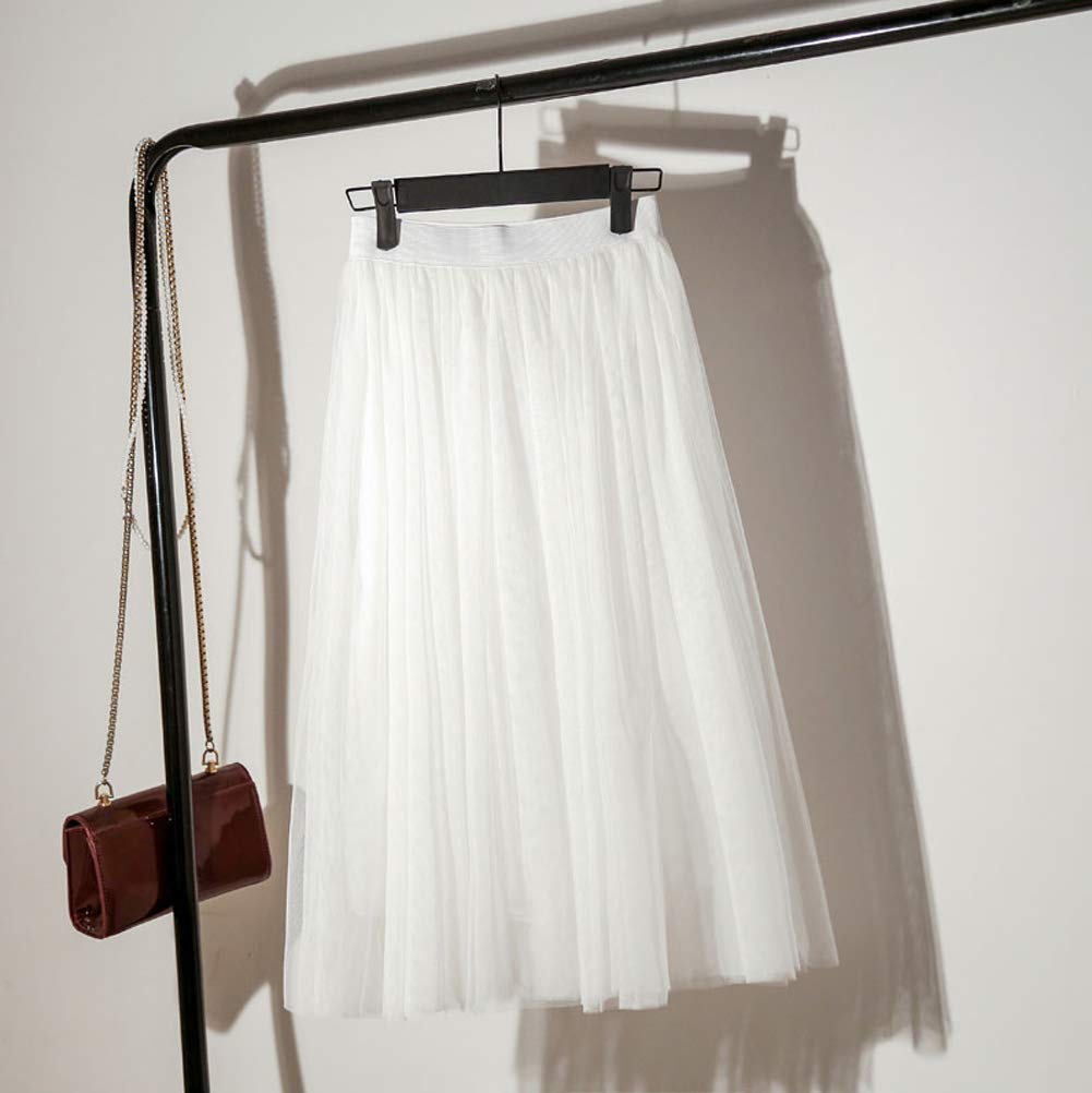 LBKKC Women's Midi Tulle Skirt Elastic Waist 3 Layered Mesh Formal Prom Party Tutu Skirt A Line(L,Off White)