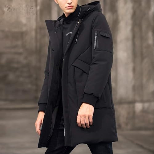 Pioneer Camp Men's Winter Coats Water-Repellent Windproof Thicken Parkas Long Hooded Padded Puffer Jacket (Black, XL)