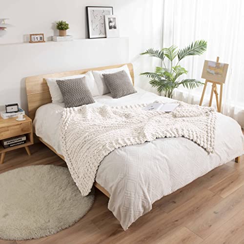 clootess Chunky Knit Blanket Knitted Throw Crochet Chenille Yarn Woven for Bed Sofa Textured Thick Cable Decor (Beige 50x63 in)