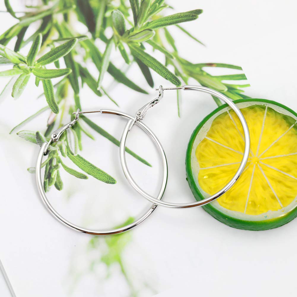 Rugewelry 925 Sterling Silver Hoop Earrings,18K White Gold Plated Polished Rounded Hoop Earrings For Women