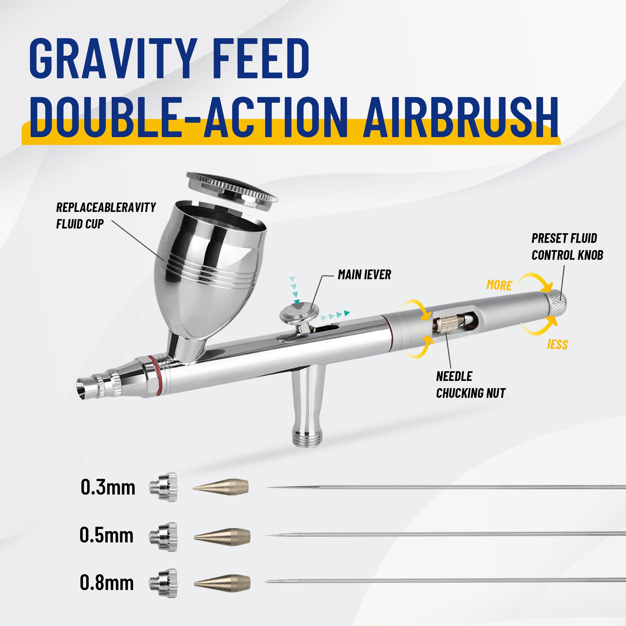 Fengda Airbrush FE-183K Precision Dual Action Airbrush Set for Gravity Feed with 3 Cup Sizes and 3 Nozzles (0.3, 0.5 and 0.8mm)