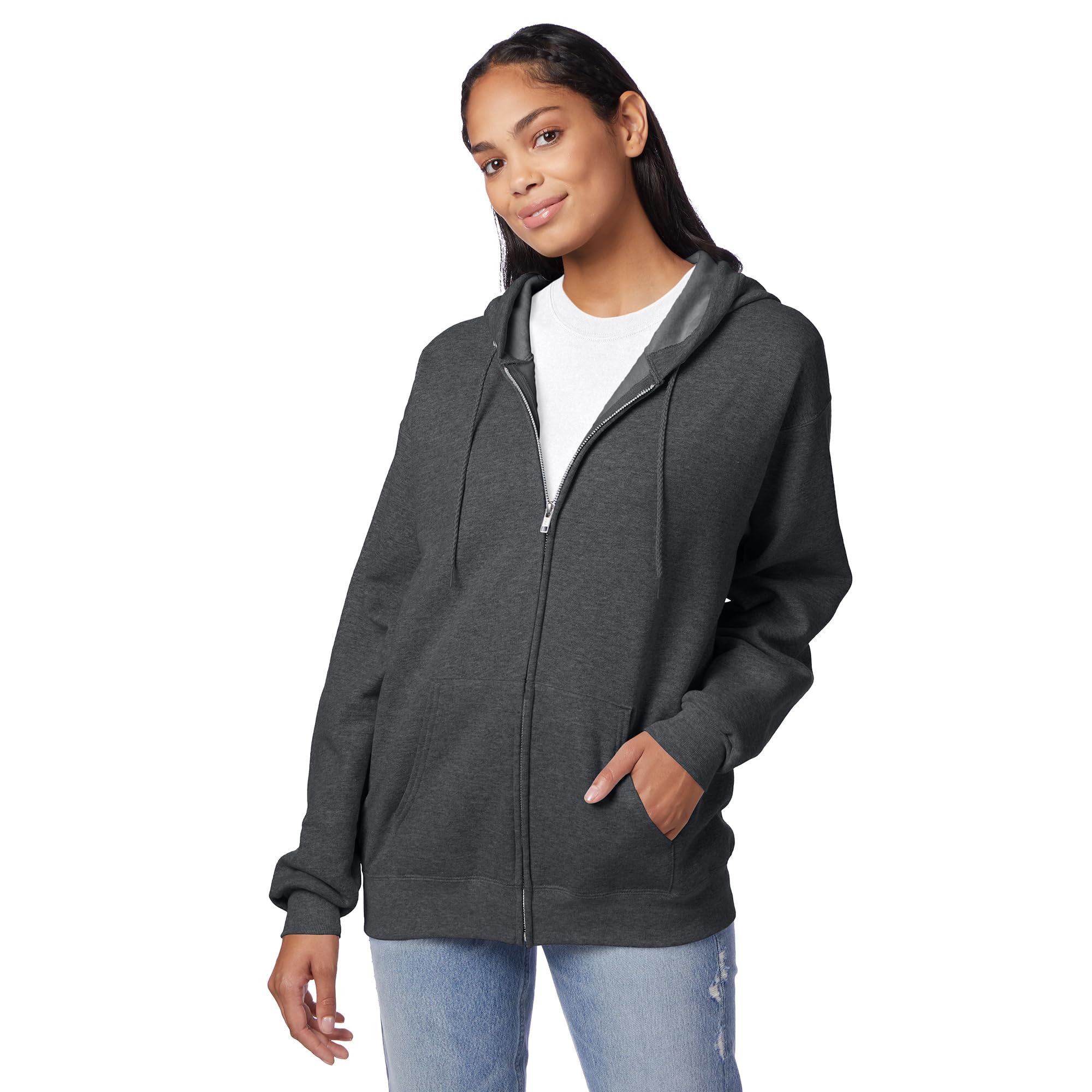 Hanes Mens Hoodie, Ecosmart Fleece Full-zip Zip-up For Hooded Sweatshirt, Charcoal Heather, X-Large US
