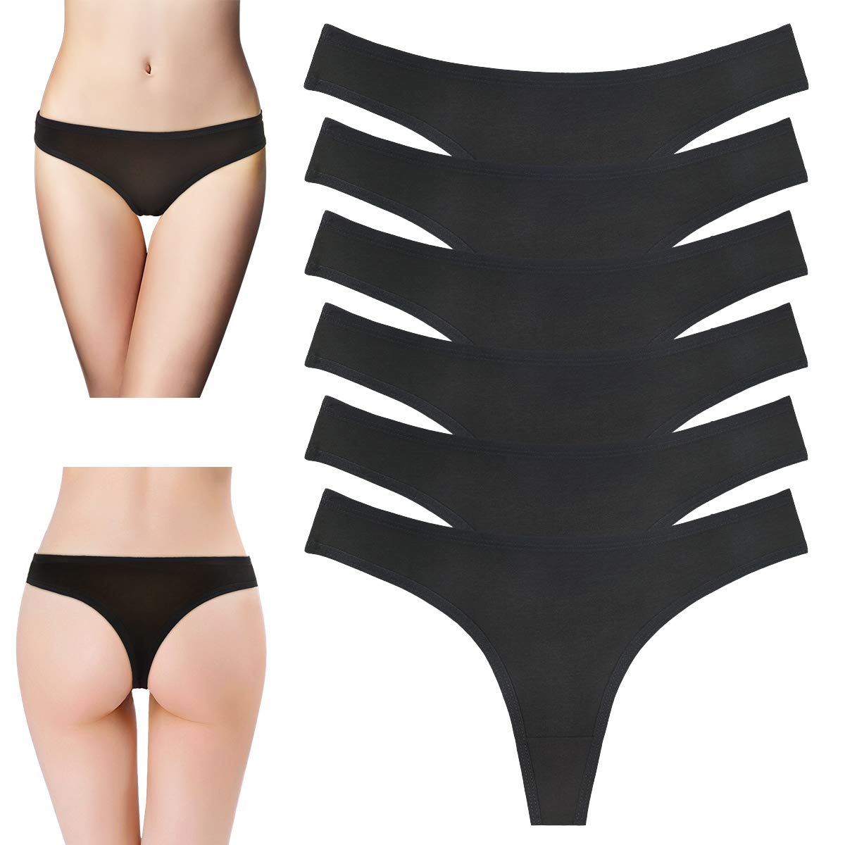 Sunm Boutique 6 Pack Women's Cotton Thongs Breathable Bikini Panties Underwear Black Medium