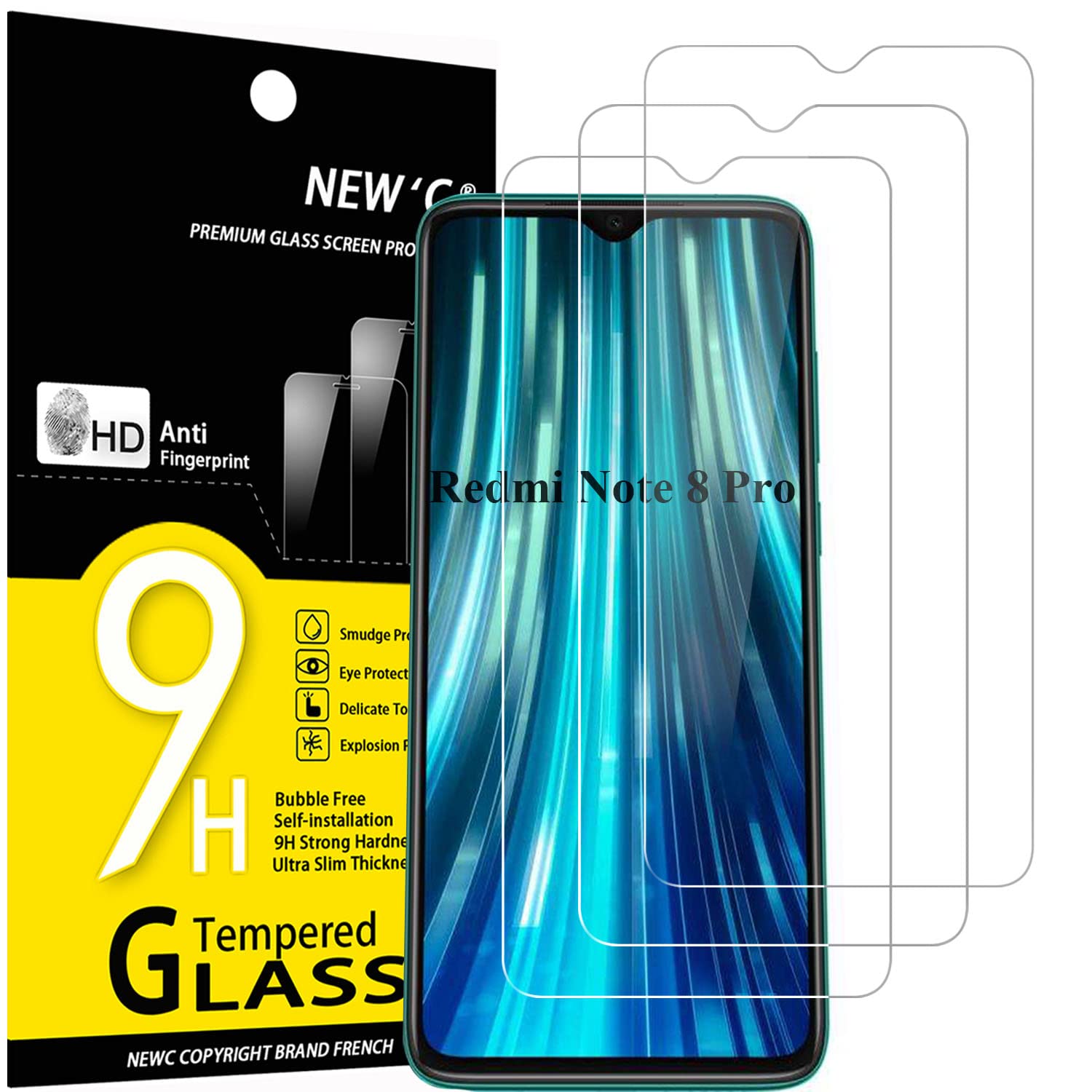 NEW'C 3 Pack Designed for Xiaomi Redmi Note 8 Pro, Redmi 9 Screen Protector Tempered Glass, Case Friendly Anti Scratch Bubble Free Ultra Resistant