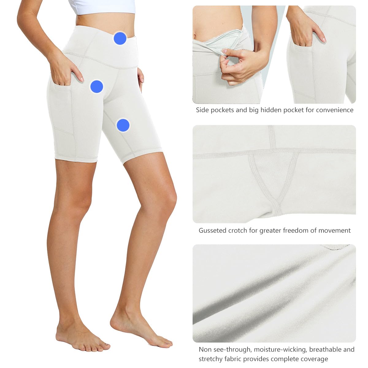 baleaf Biker Shorts Women Yoga Gym Workout Spandex Athletic Running Volleyball Tummy Control Compression with Pockets 8" White S