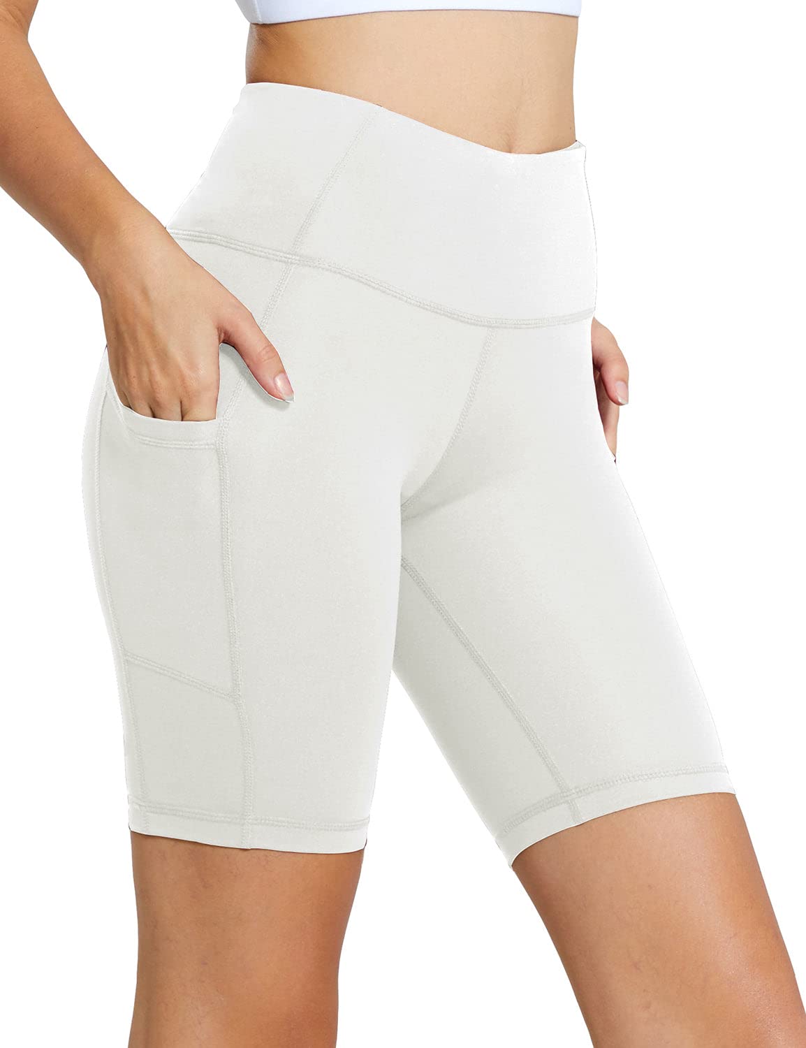 baleaf Biker Shorts Women Yoga Gym Workout Spandex Athletic Running Volleyball Tummy Control Compression with Pockets 8" White S