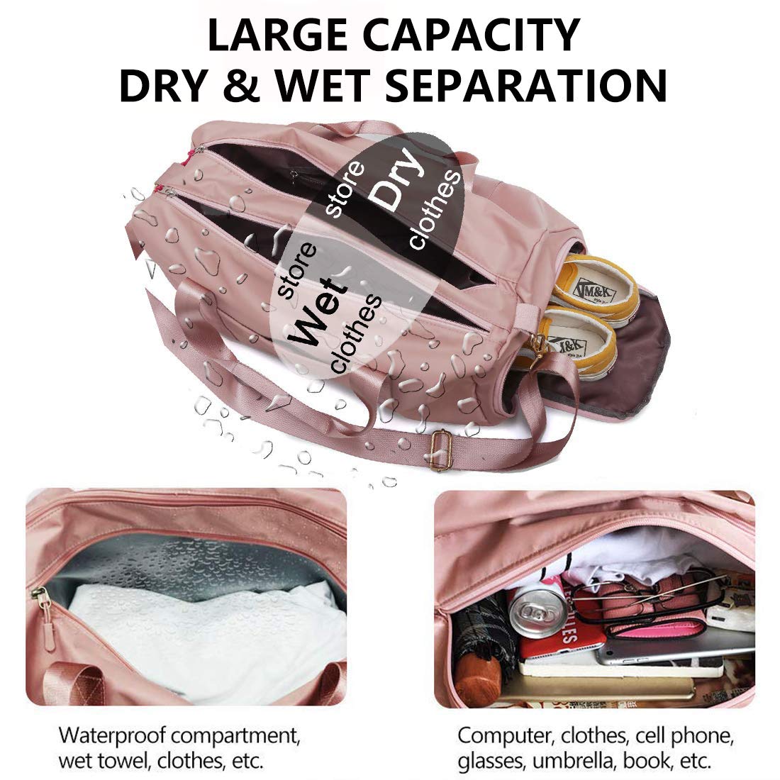 ICEIVY Gym Duffle Bag Dry Wet Separated Gym Bag Sport Duffle Bag Training Handbag Yoga Bag with Extra Drawstring Backpack(Pink-Upgrade) Large