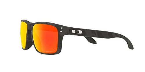 Oakley Men's OO9244 Holbrook Low Bridge Fit Rectangular Sunglasses, Matte Black Camouflage/Prizm Ruby Polarized, 56 mm