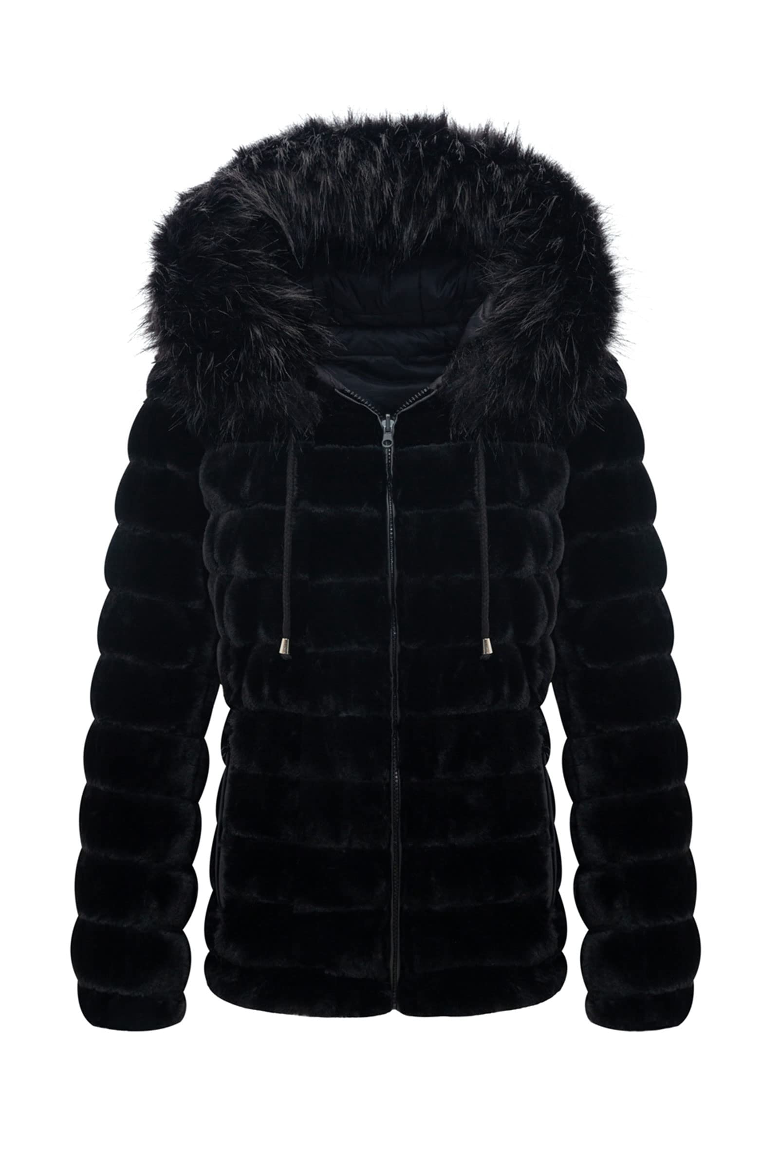 Bellivera Women Double Sided Faux Fur Jacket with Fur Collar, The Puffer Coat Worn on Both Sides 19225 Black M