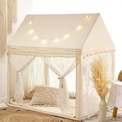 HAN-MM Kids Play Tent Large Playhouse with Mat/Star Light/Star Garland/Tassel Macrame Boho Style Indoor&Outdoor Play Tent for Kids, Neutral Color, 52x35x52, Lace Tassel