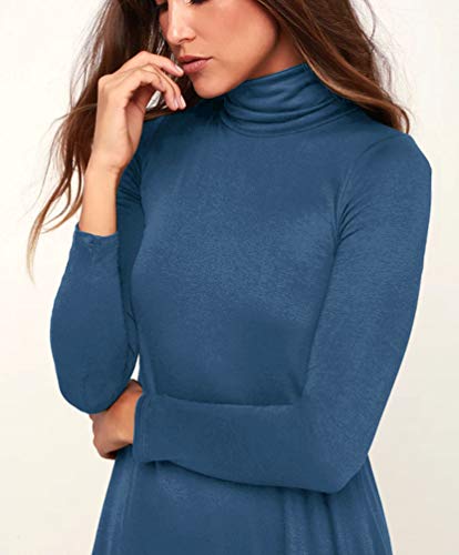 KEEDONE Women's Long Sleeve Turtleneck Casual Loose T-Shirt Dresses (S Elegant Blue)