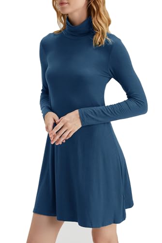 KEEDONE Women's Long Sleeve Turtleneck Casual Loose T-Shirt Dresses (S Elegant Blue)