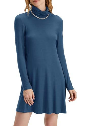 KEEDONE Women's Long Sleeve Turtleneck Casual Loose T-Shirt Dresses (S Elegant Blue)