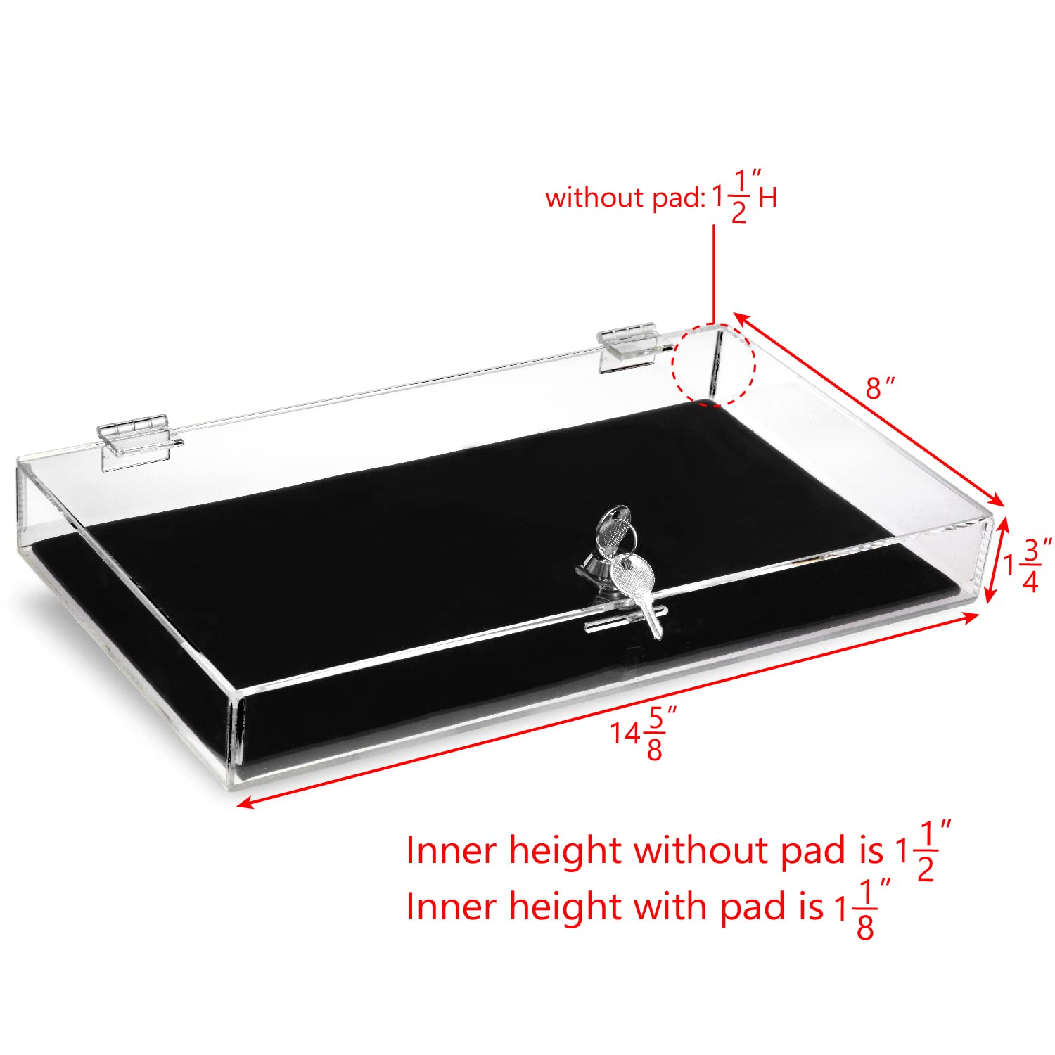 MOOCA Acrylic Rectangular Marketing Holder Locking Security Showcase Safe Box Display Tray, Perfect for Watches Jewelry, Knives, Eyewear with a Key and a Black Padding
