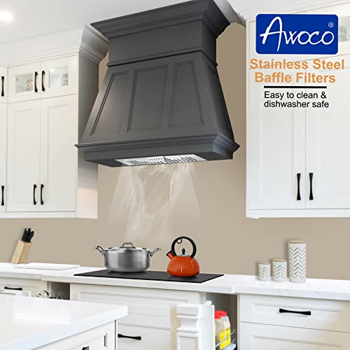 Awoco 14-1/2"D Super Quiet Split Insert Stainless Steel Range Hood, 4-Speed, 1000 CFM, LED Lights, Baffle Filters with 8" Blower (30"W M 8" Vent)