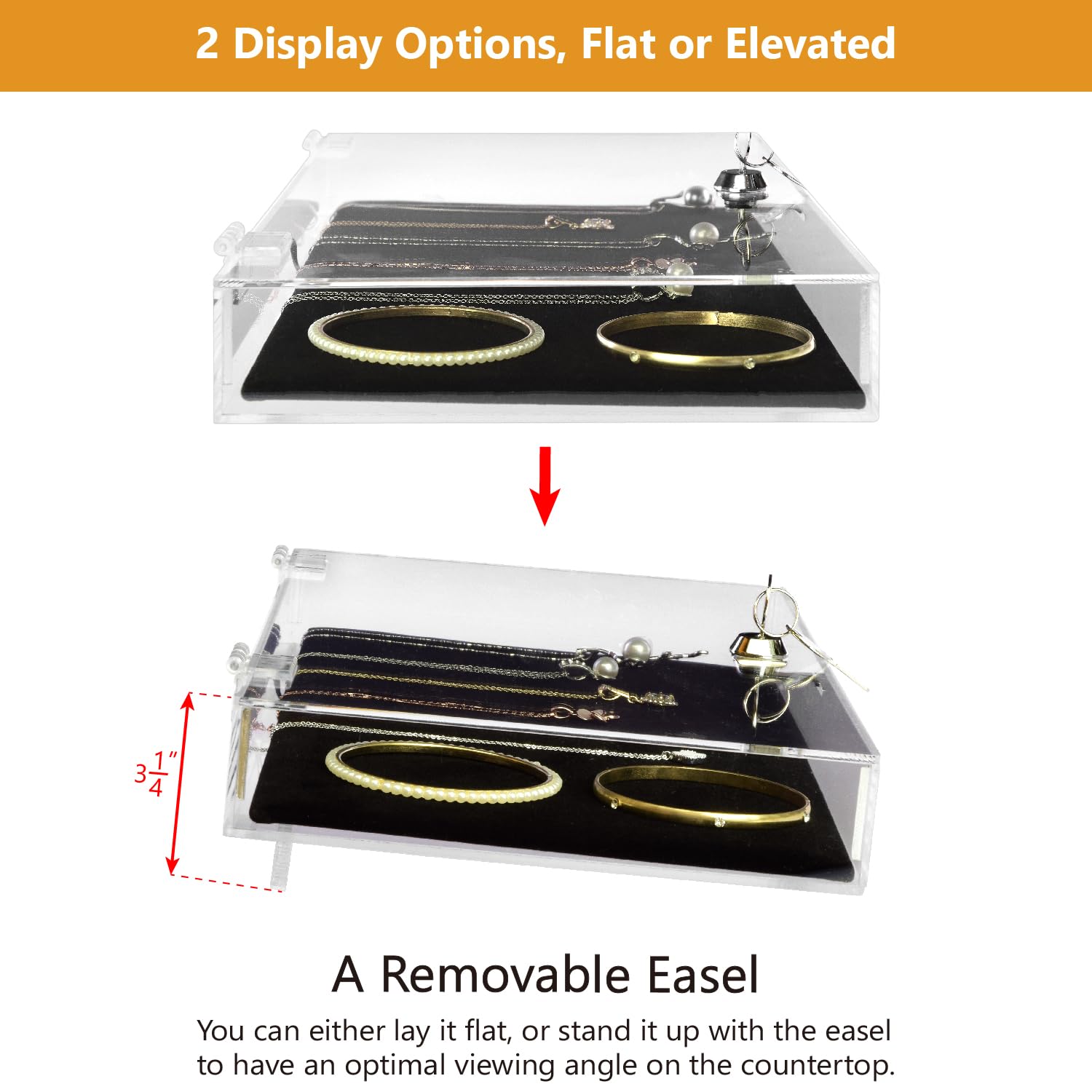 MOOCA Acrylic Rectangular Marketing Holder Locking Security Showcase Safe Box Display Tray, Perfect for Watches Jewelry, Knives, Eyewear with a Key and a Black Padding