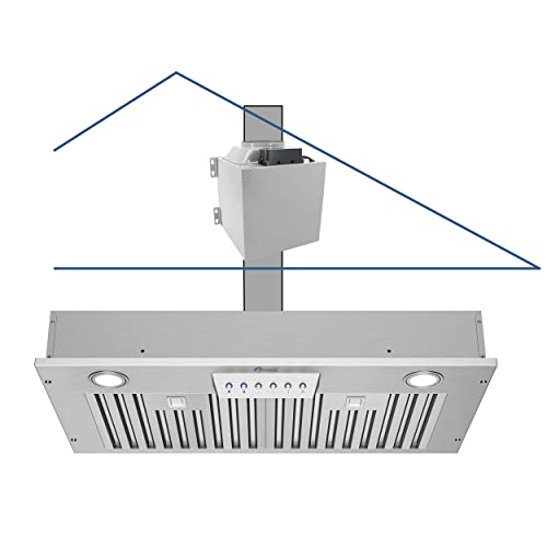Awoco 14-1/2"D Super Quiet Split Insert Stainless Steel Range Hood, 4-Speed, 1000 CFM, LED Lights, Baffle Filters with 8" Blower (30"W M 8" Vent)