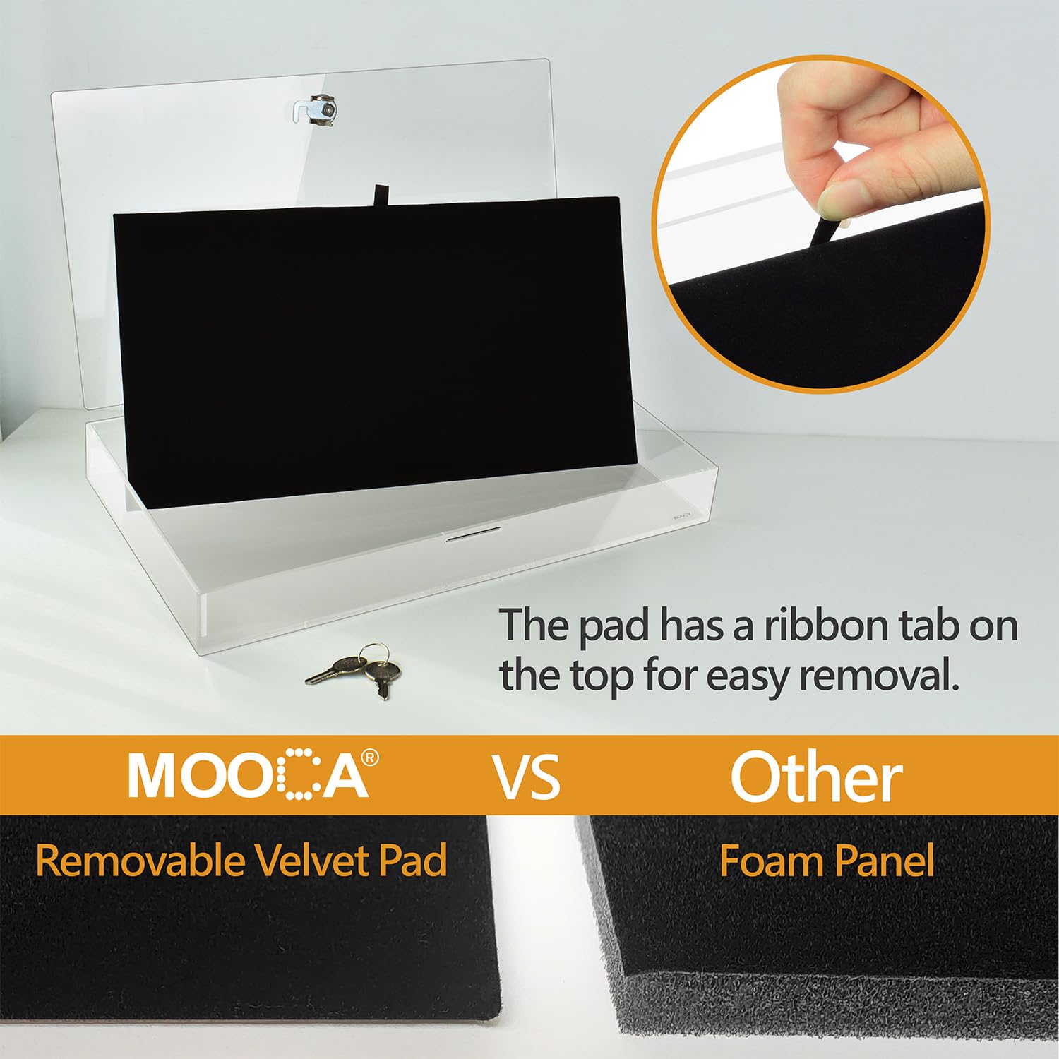 MOOCA Acrylic Rectangular Marketing Holder Locking Security Showcase Safe Box Display Tray, Perfect for Watches Jewelry, Knives, Eyewear with a Key and a Black Padding