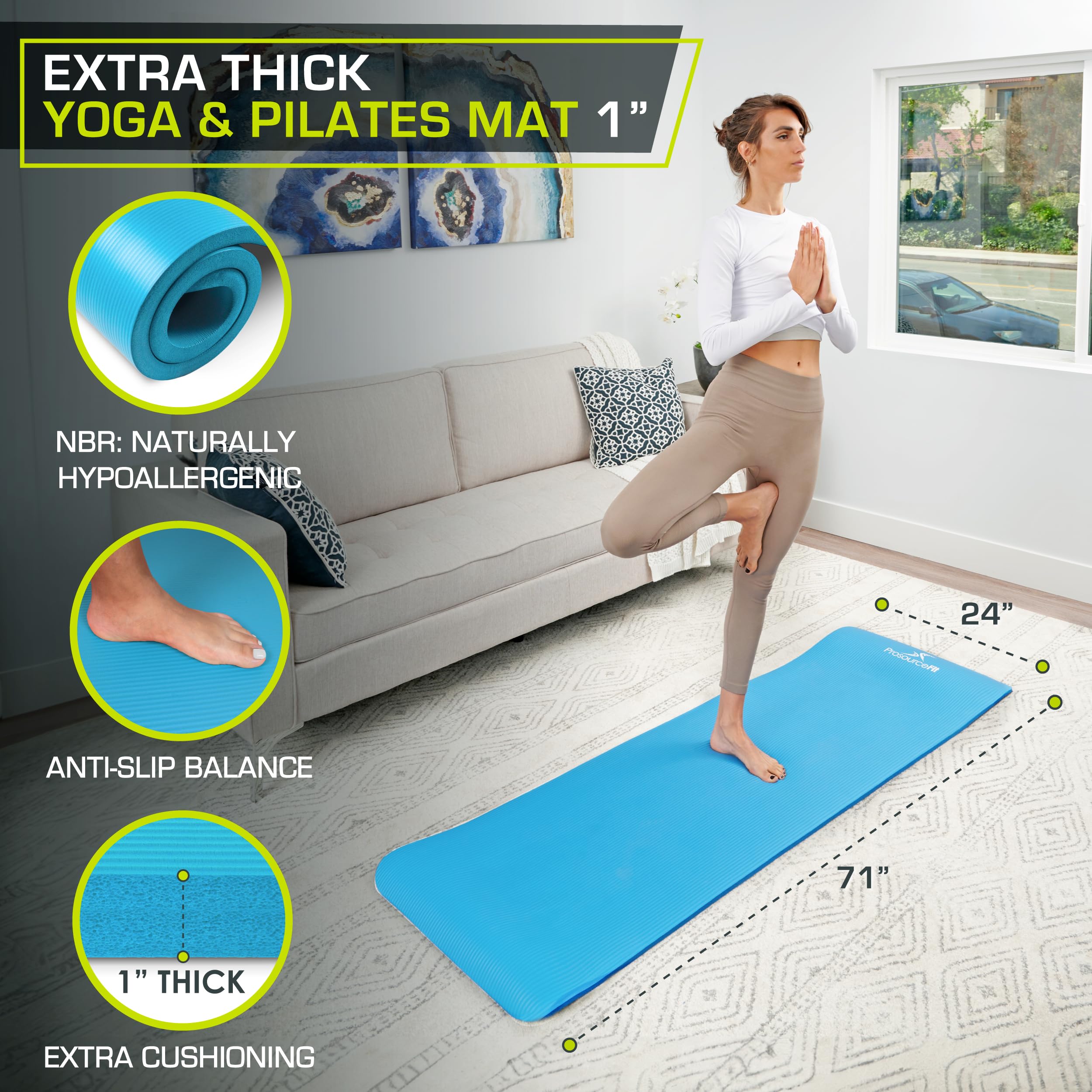 ProsourceFit Extra Thick Yoga and Pilates Mat ½” (13mm) or 1" (25mm), 71-inch Long High Density Exercise Mat with Comfort Foam and Carrying Strap, Aqua