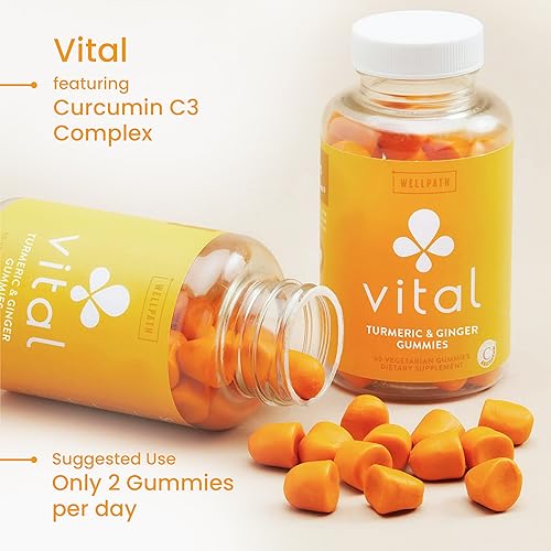 WellPath Vital Turmeric Gummies + Ginger - Joint Support Curcumin Supplement, Turmeric Curcumin C3 Complex, Tasty Alternative to Capsules, Turmeric & Ginger Root, Tropical Flavor Chews, Vegan, 60 Ct