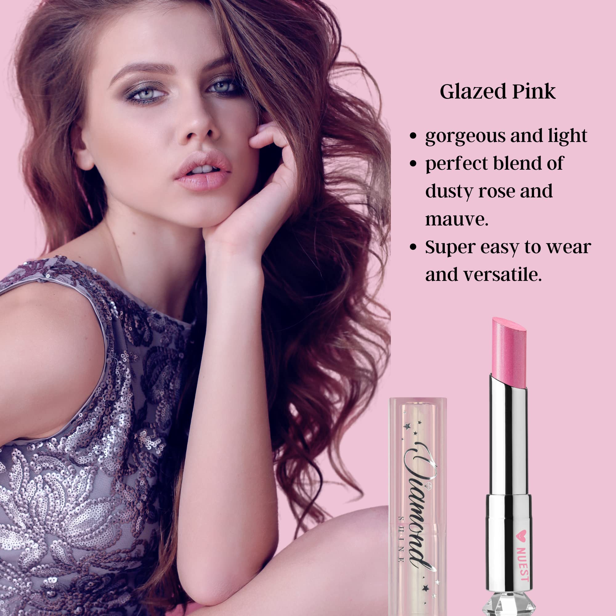Diamond Shine Metallic Sparkle Lip Color with Vitamin E by Nuest Cosmetics, Easy Application, High Pigment Full Coverage in 8 Glittery Shades, Cruelty Free, Vegan (Glazed Pink)