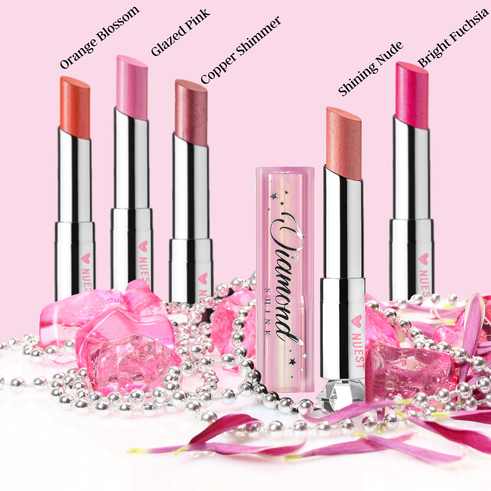 Diamond Shine Metallic Sparkle Lip Color with Vitamin E by Nuest Cosmetics, Easy Application, High Pigment Full Coverage in 8 Glittery Shades, Cruelty Free, Vegan (Glazed Pink)
