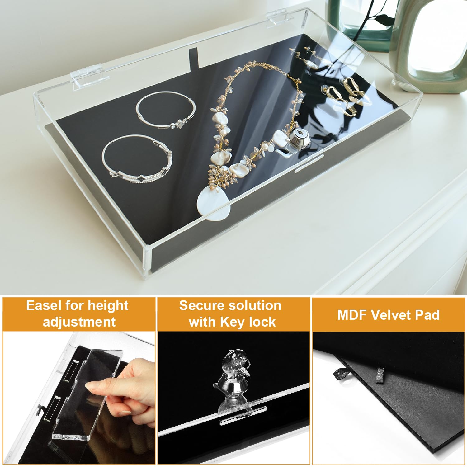 MOOCA Acrylic Rectangular Marketing Holder Locking Security Showcase Safe Box Display Tray, Perfect for Watches Jewelry, Knives, Eyewear with a Key and a Black Padding