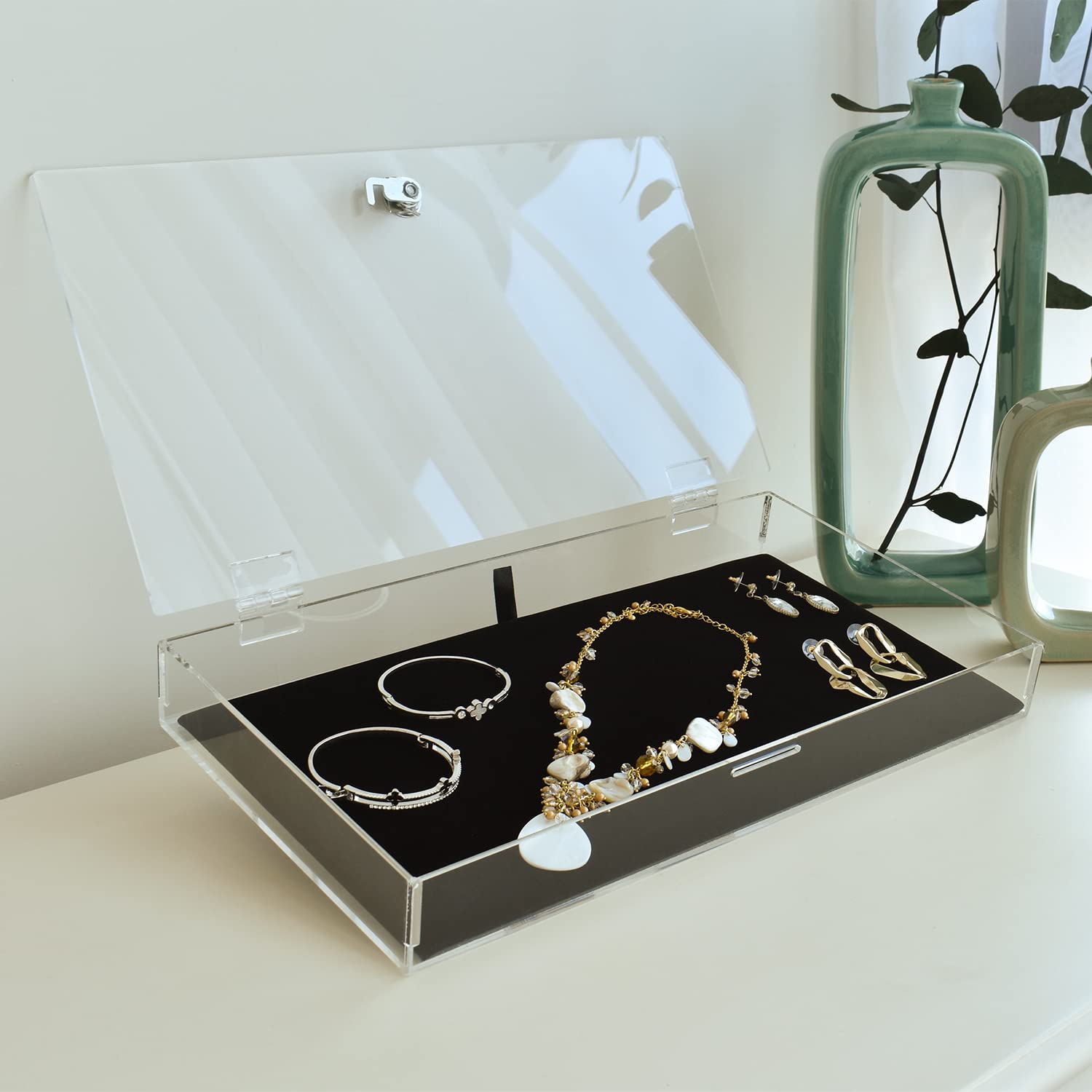 MOOCA Acrylic Rectangular Marketing Holder Locking Security Showcase Safe Box Display Tray, Perfect for Watches Jewelry, Knives, Eyewear with a Key and a Black Padding