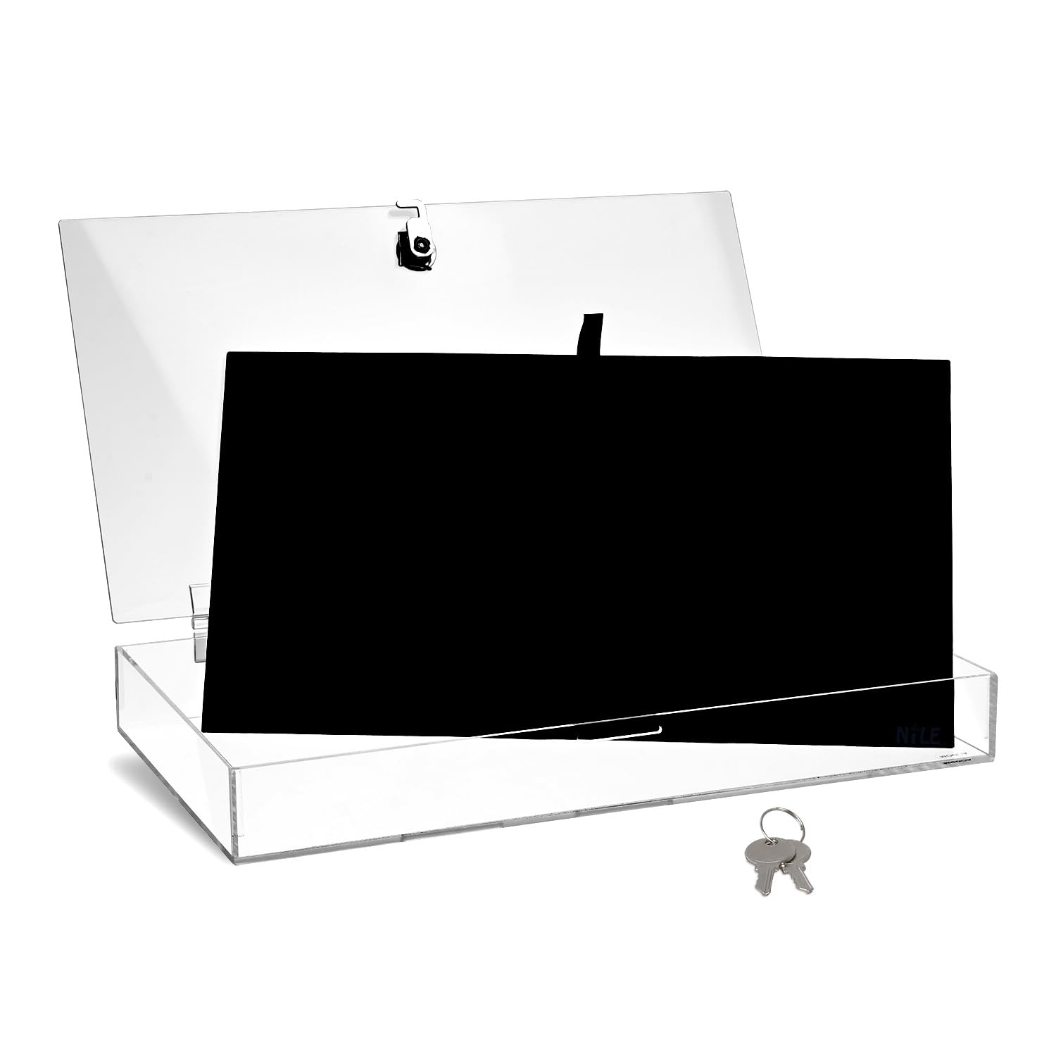 MOOCA Acrylic Rectangular Marketing Holder Locking Security Showcase Safe Box Display Tray, Perfect for Watches Jewelry, Knives, Eyewear with a Key and a Black Padding